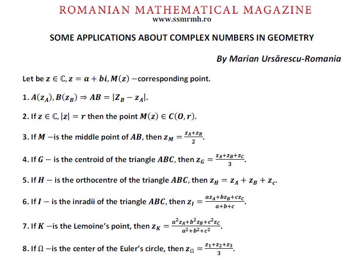 SOME APPLICATIONS OF COMPLEX NUMBERS IN GEOMETRY Romanian SOME APPLICATIONS OF COMPLEX NUMBERS IN GEOMETRY Romanian